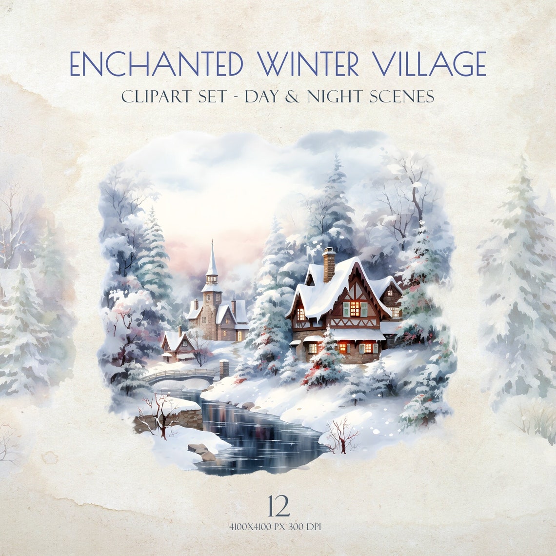 Watercolor Winter Village Clipart: Enchanted Christmas Scenes (digital ...