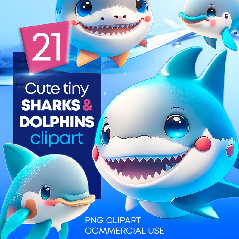 Cute Tiny Anime Sharks and Dolphins Clipart, Adorable, Shark Clipart ...