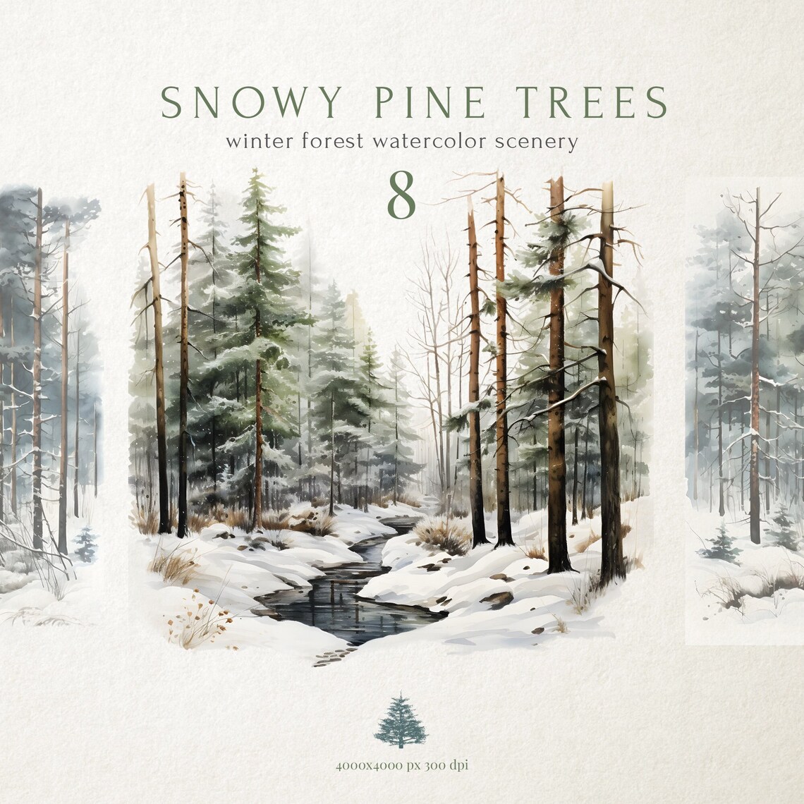 Snowy Pine Trees Clipart, Winter Forest Watercolor Scenery, Watercolor ...