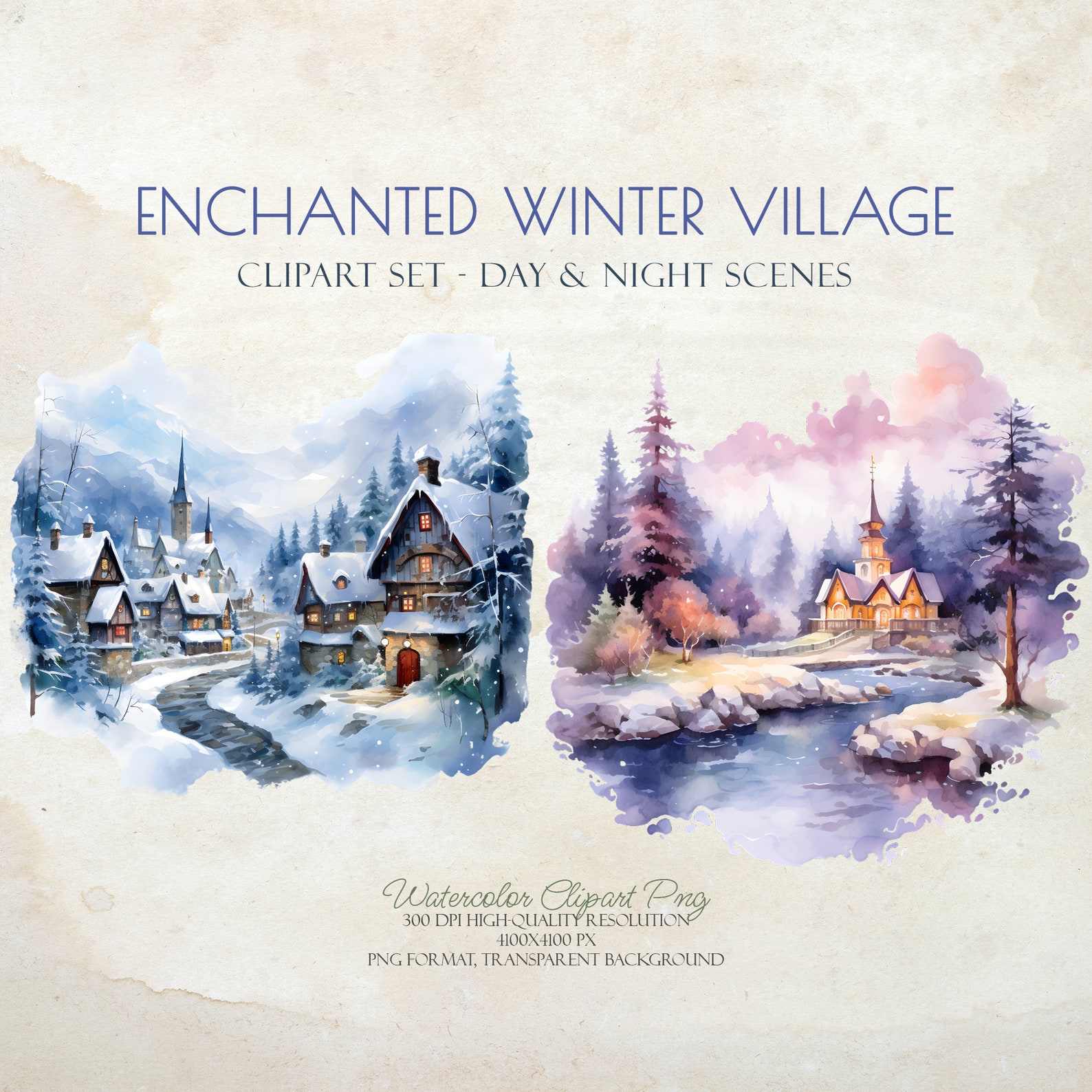 Watercolor Winter Village Clipart: Enchanted Christmas Scenes (digital ...