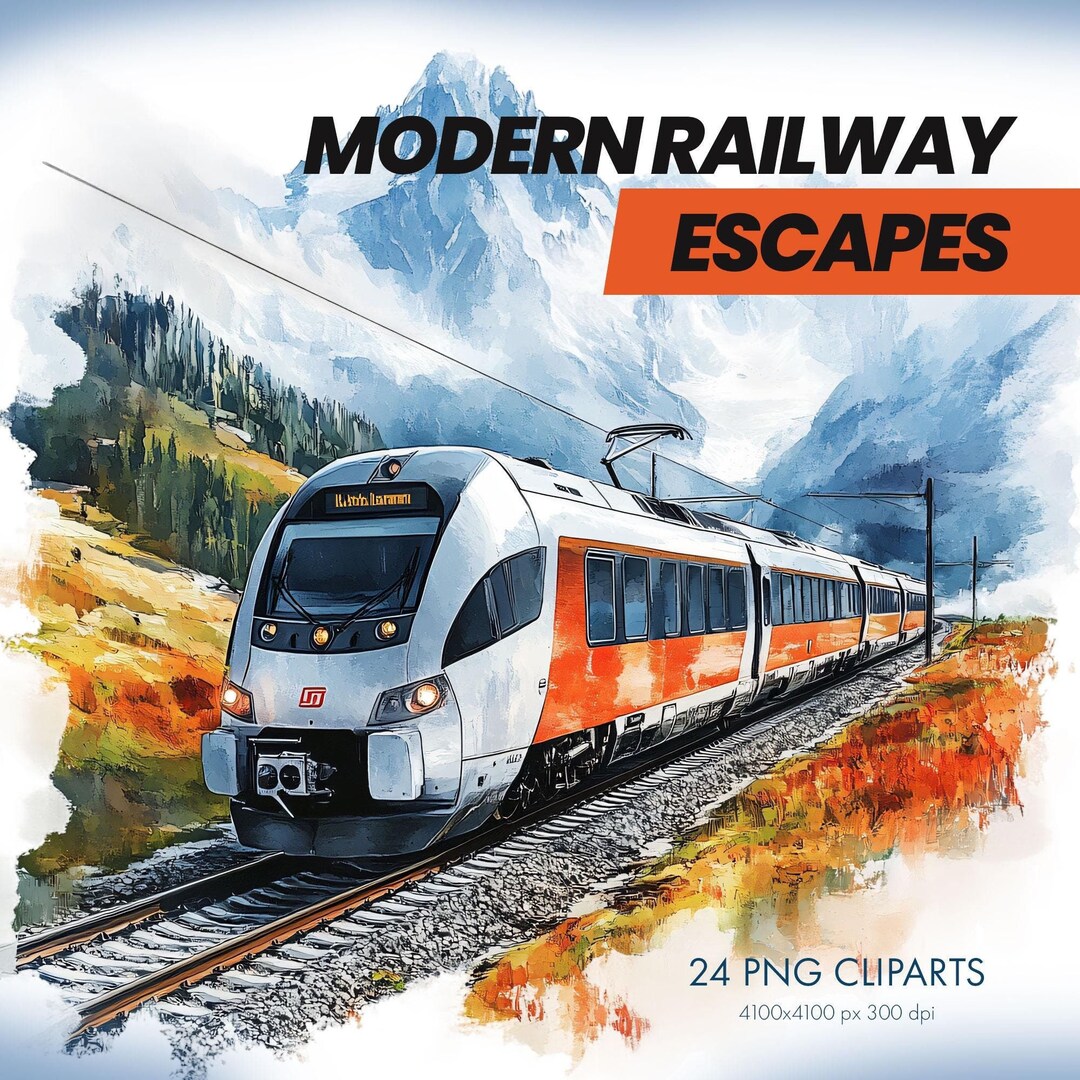 Watercolor Train Clipart: Modern Railway Scenes (PNG Digital Download ...