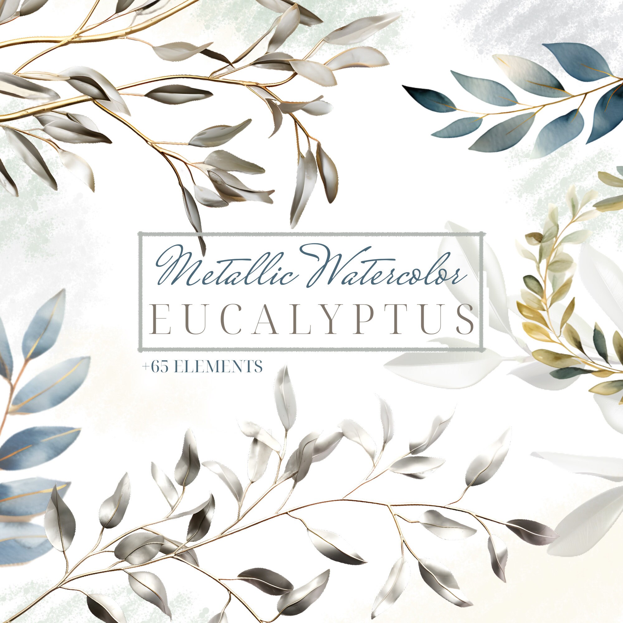 Watercolor Metallic Eucalyptus Clipart: Green & Gold Foliage (PNG) - Etsy