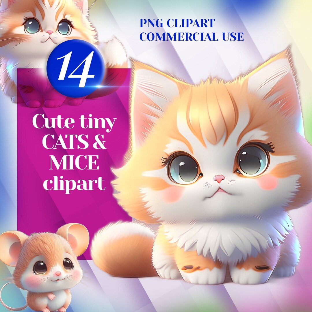 Cute Tiny Anime Cats and Mice Clipart, Adorable, Kitten Clipart, Mouse ...