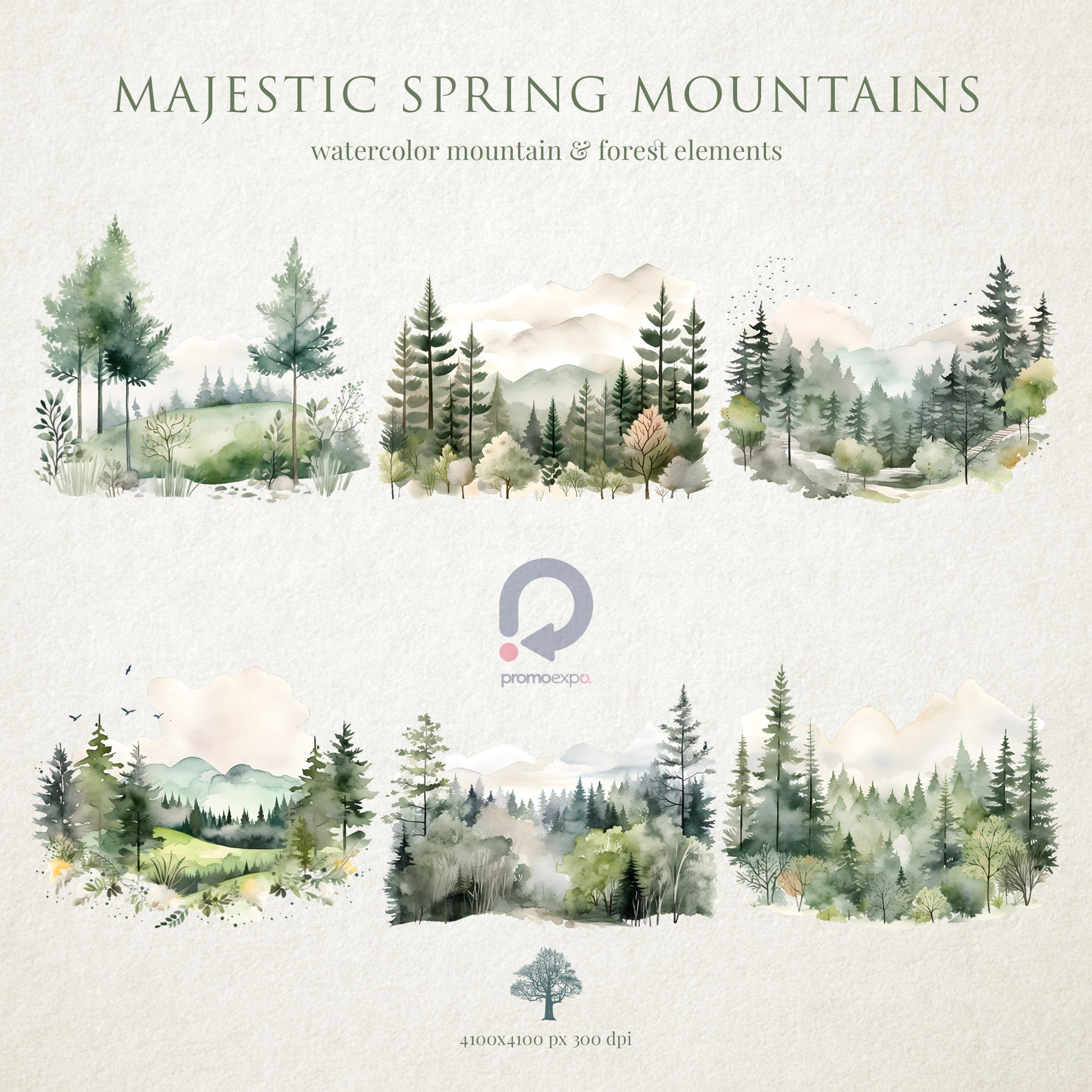 Majestic Spring Mountains - Watercolor Landscape Forest, Peaks Serene ...