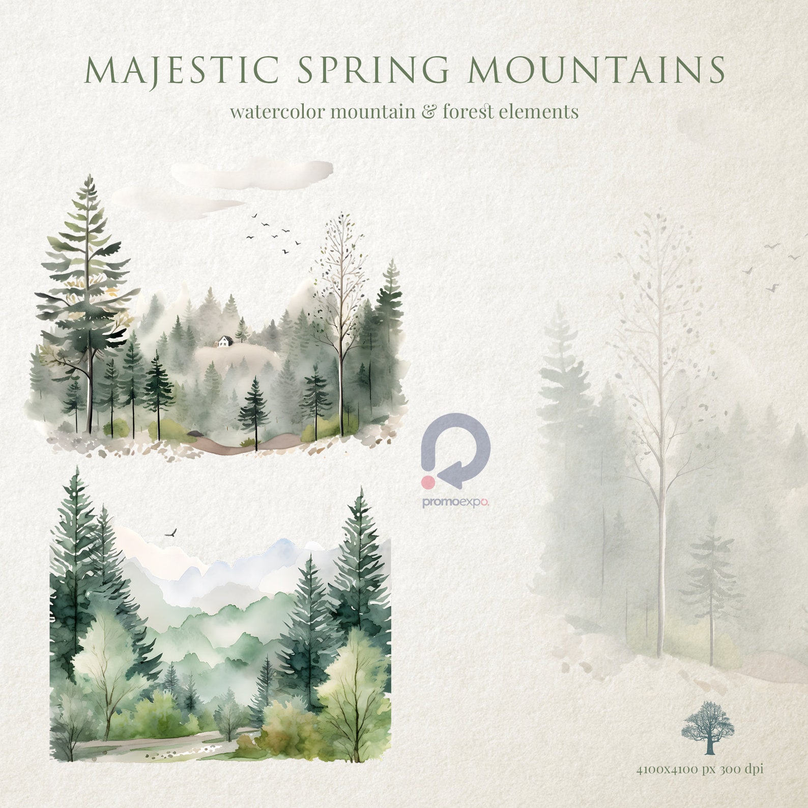 Majestic Spring Mountains - Watercolor Landscape Forest, Peaks Serene ...
