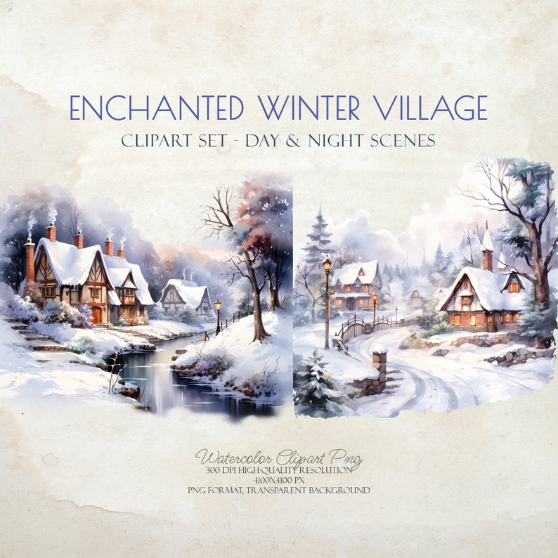 Enchanted Winter Village - Watercolor Winter Clipart - Watercolor ...