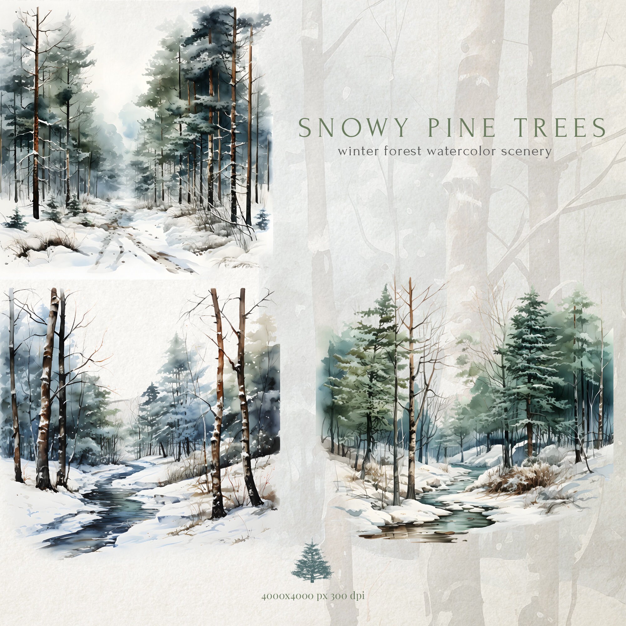 Snowy Pine Trees Clipart, Winter Forest Watercolor Scenery, Watercolor ...
