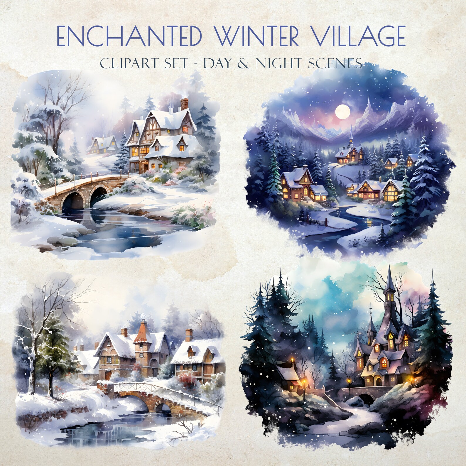 Enchanted Winter Village - Watercolor Winter Clipart - Watercolor ...