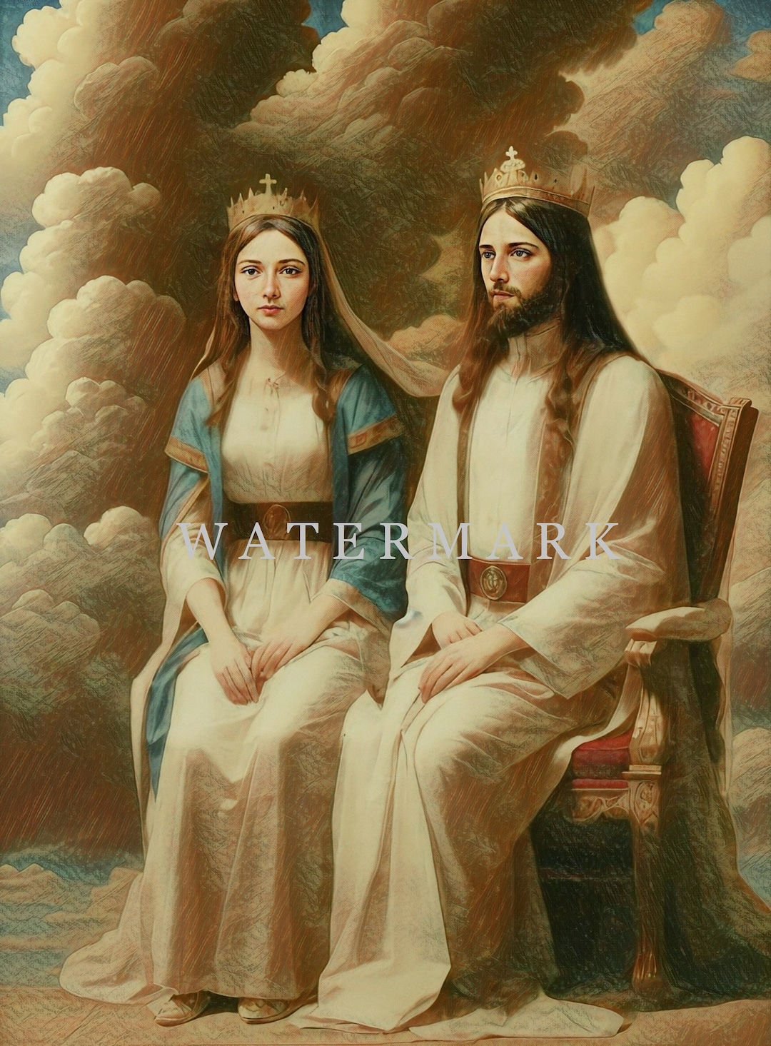 Jesus and Mary - King and Queen of Heaven Custom Digital Oil Painting ...