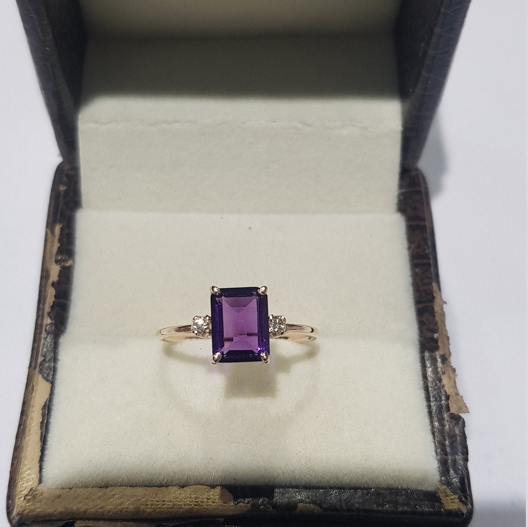 14k Solid Yellow Gold Natural Emerald Cut Rectangular Shaped Amethyst ...