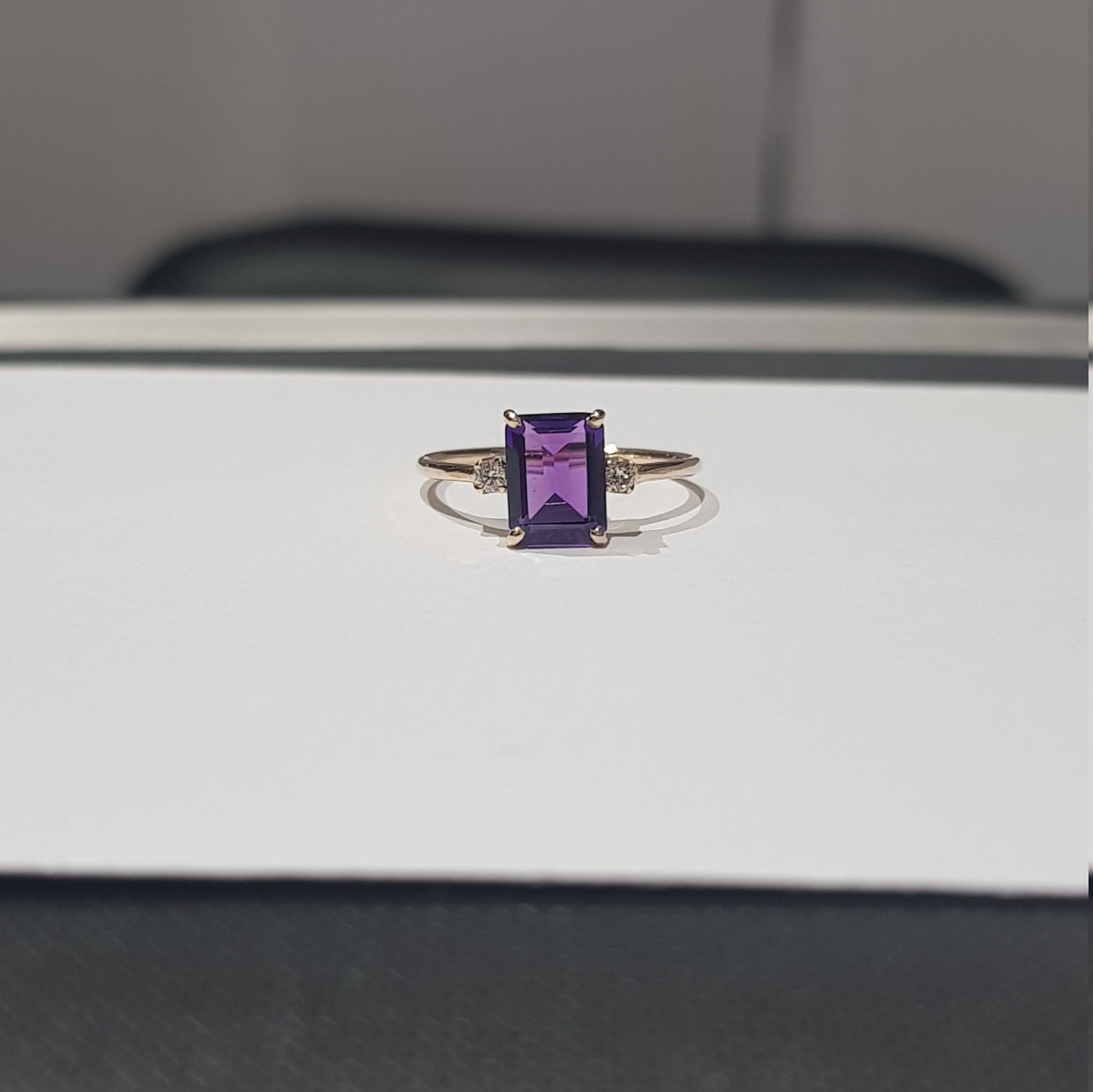 14k Solid Yellow Gold Natural Emerald Cut Rectangular Shaped Amethyst ...