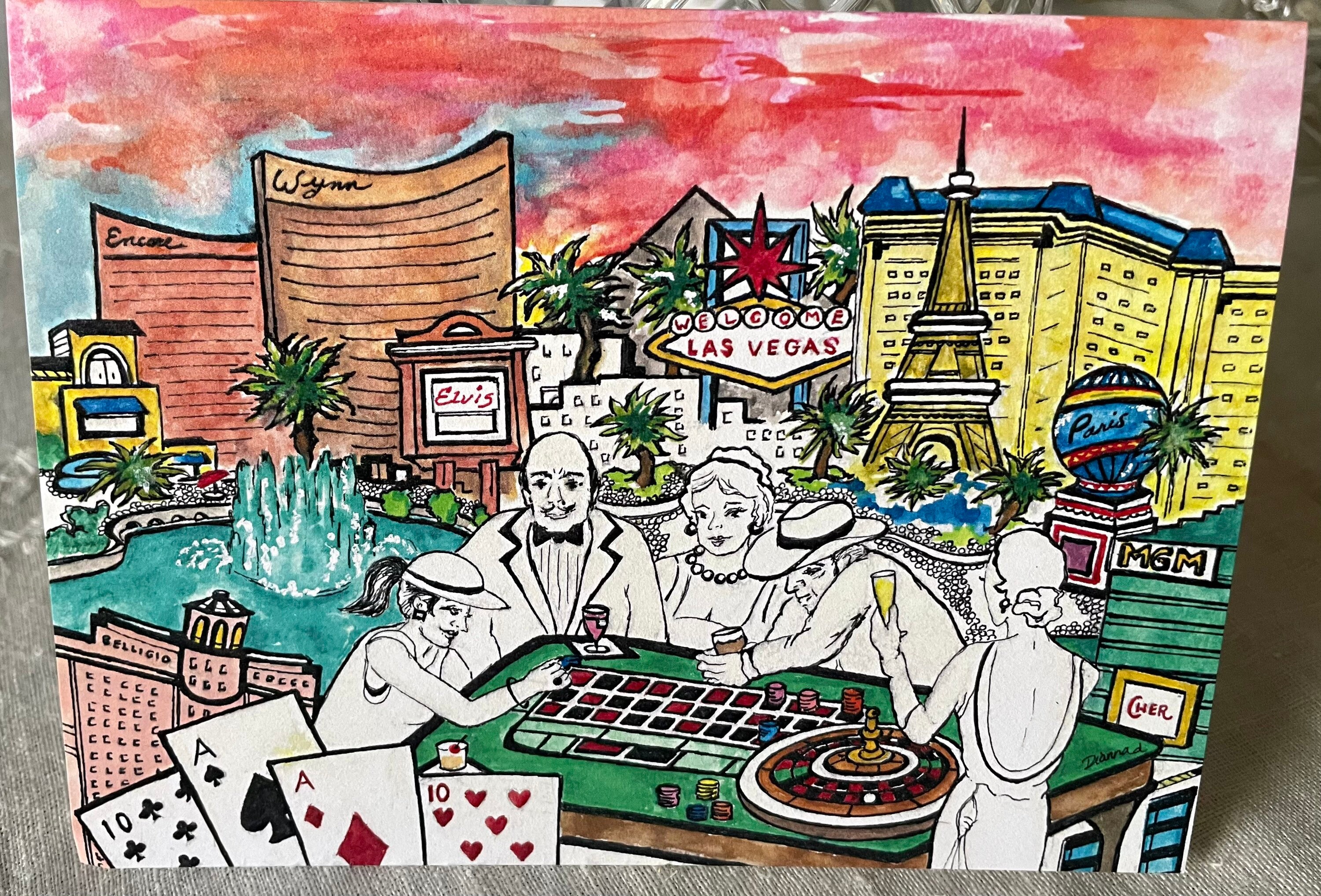 LAS VEGAS Cards-four Cards-original Watercolor game of - Etsy