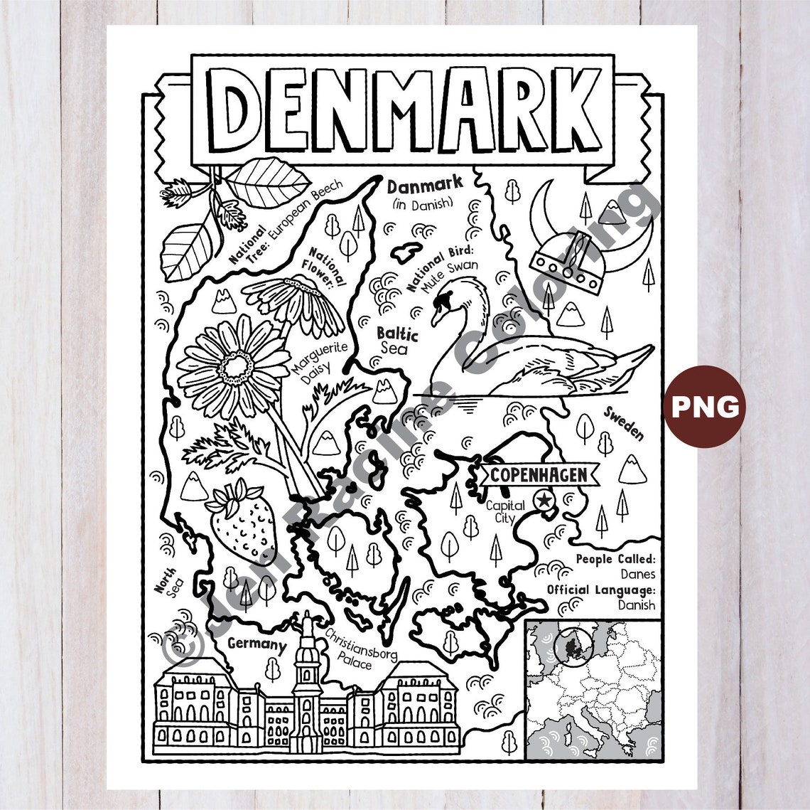 Denmark Coloring Page Geography of Europe Digital Download - Etsy