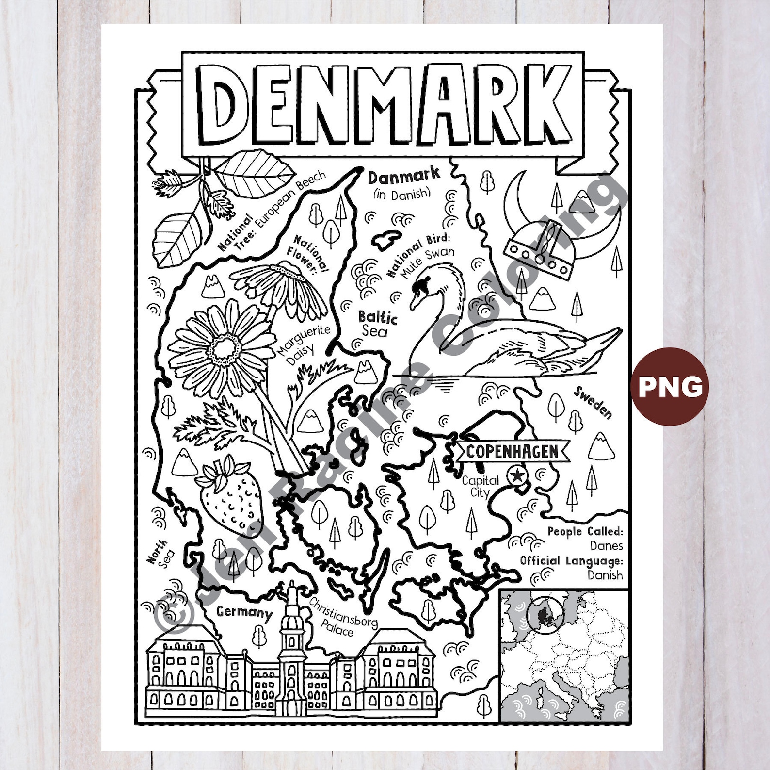 Denmark Coloring Page Geography of Europe Digital Download - Etsy