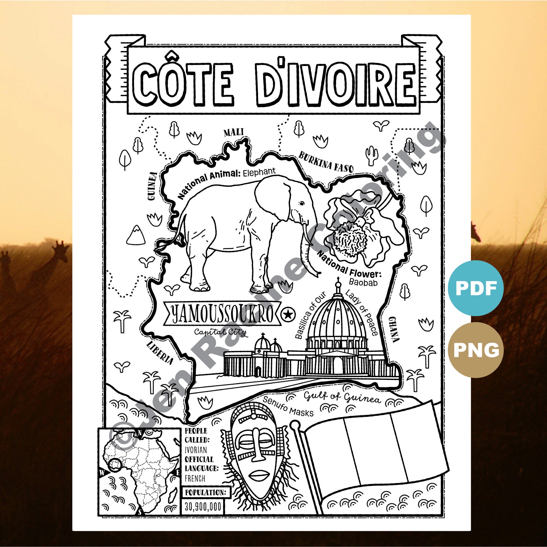 Cote D'ivoire Coloring Page, Geography of Africa, Digital Download ...