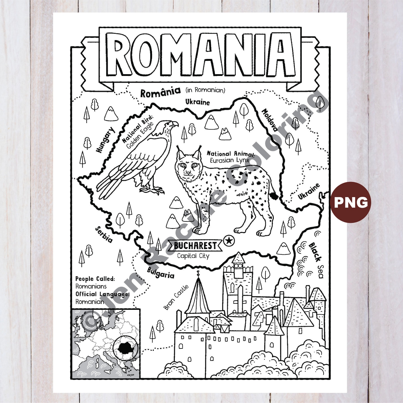 Romania Coloring Page, Geography of Europe, Digital Download Coloring ...