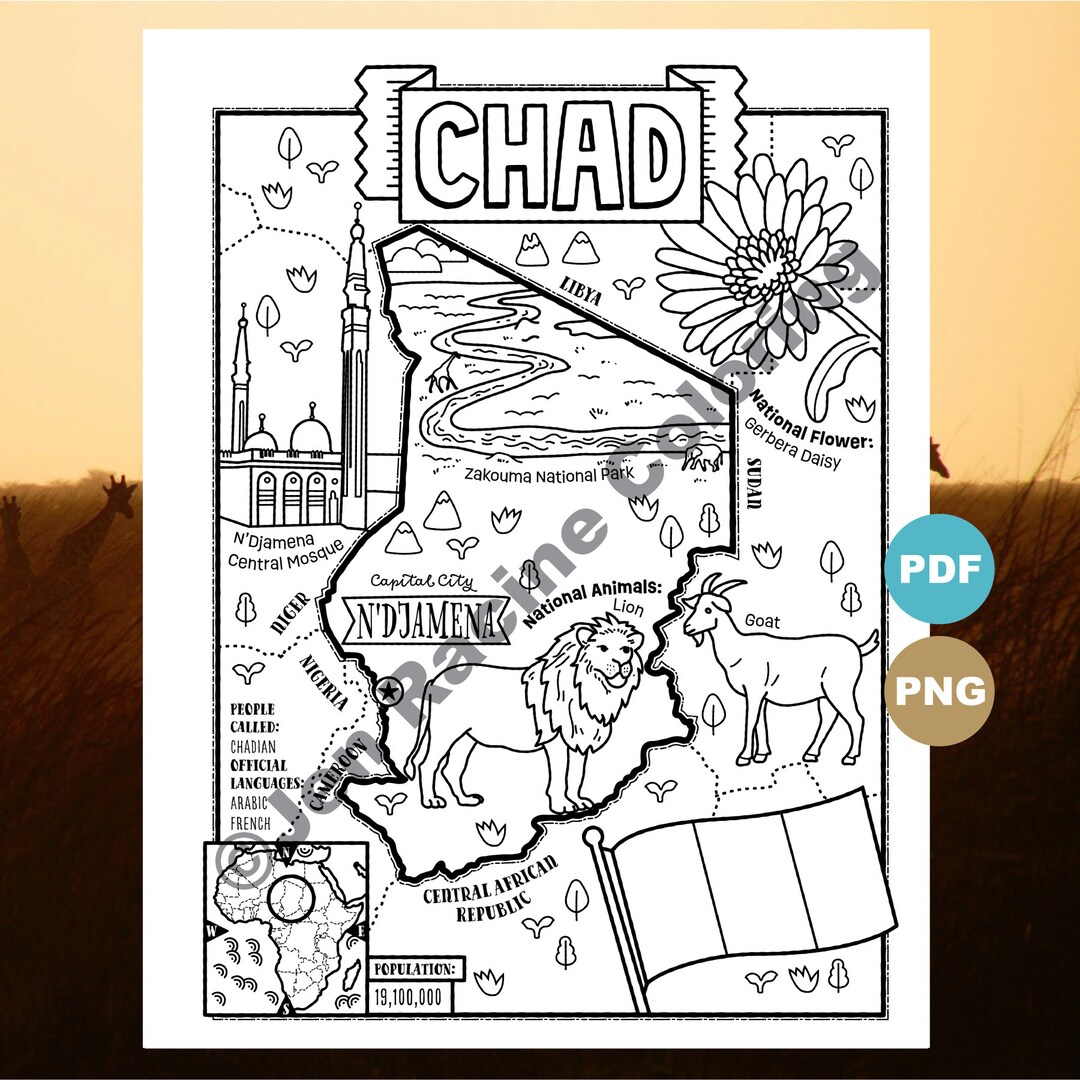 Chad Coloring Page, Geography of Africa, Digital Download Coloring Page ...