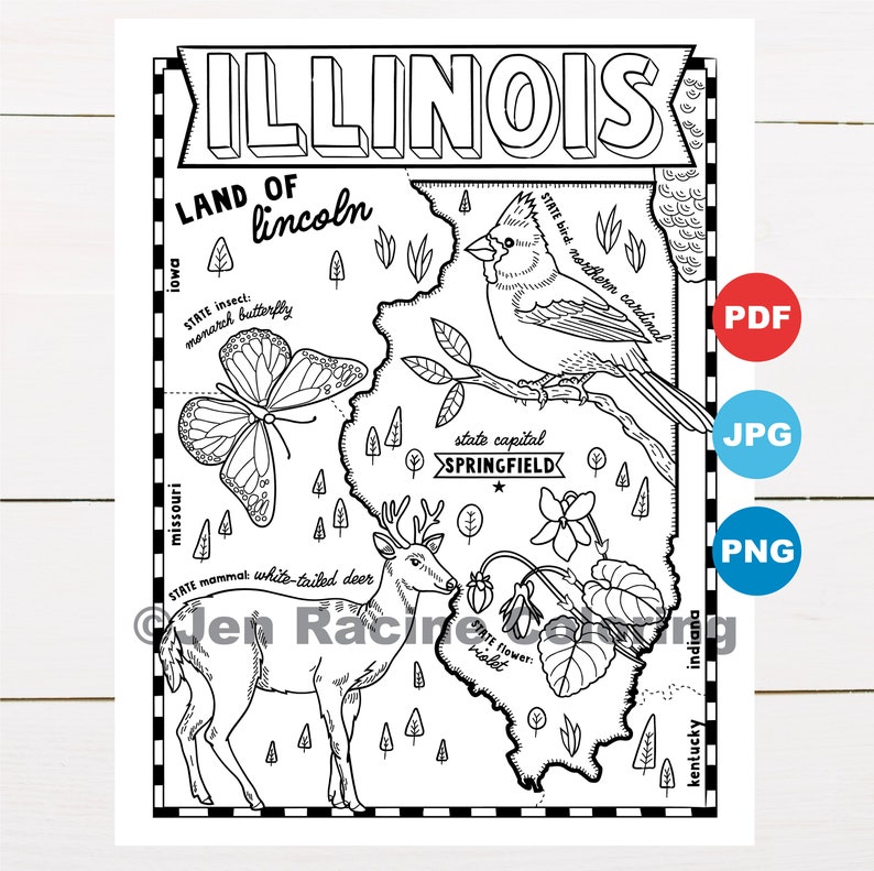 Illinois Coloring Page United States State Map Wildlife - Etsy