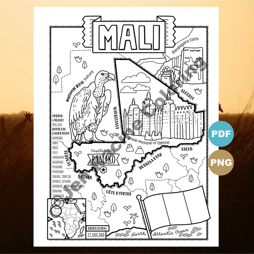 Mali Coloring Page, Geography of Africa, Digital Download Coloring Page ...
