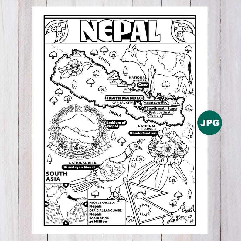 Nepal Coloring Page, Geography of South Asia, Digital Download Coloring ...