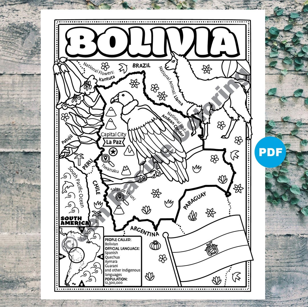 Bolivia Coloring Page, Geography of South America, Digital Download ...