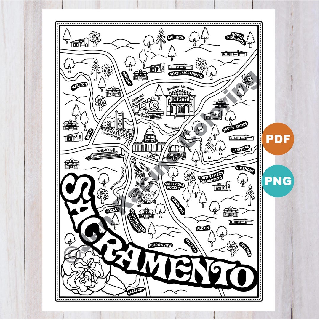 Sacramento Illustrated Map, California Coloring Page, Digital Download ...