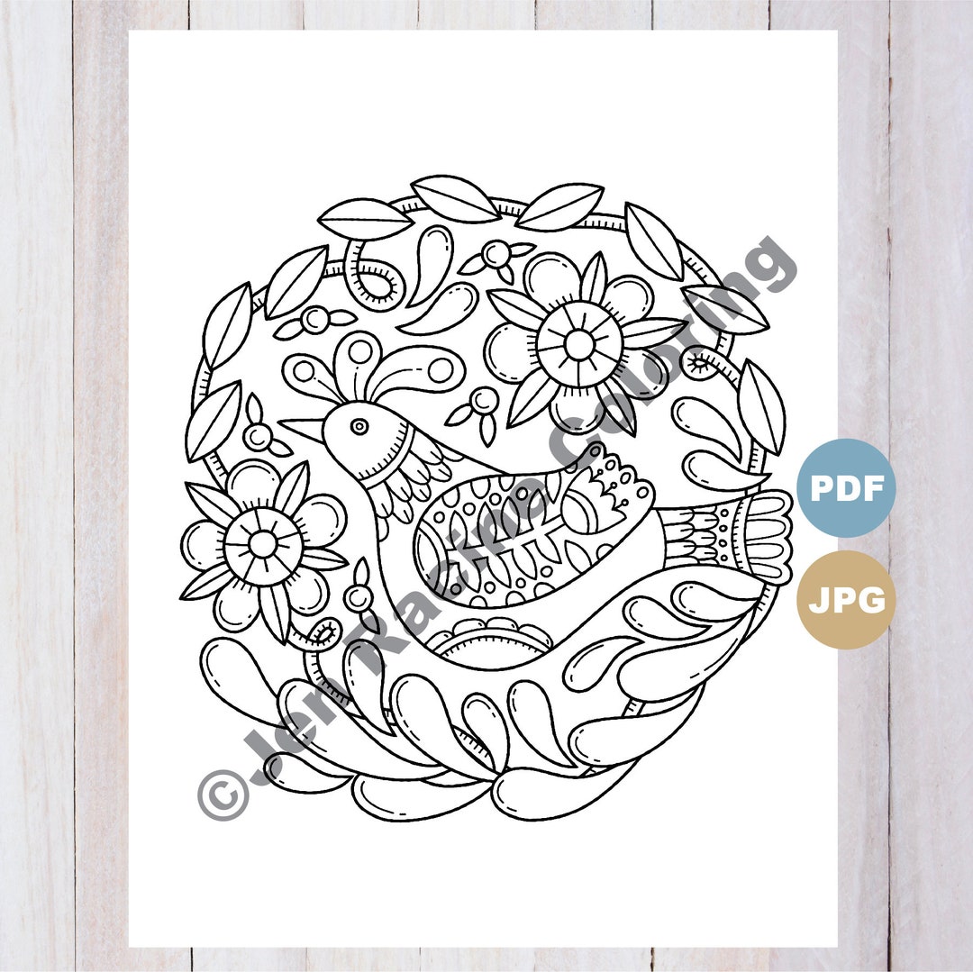 Folk Art Bird, Modern, Scandinavian, PDF and JPG Coloring Page - Etsy