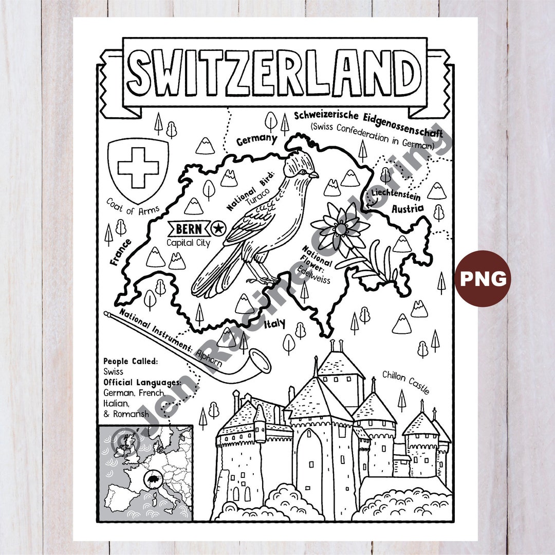 Switzerland Map Coloring Page, Swiss Symbols (digital Download) - Etsy