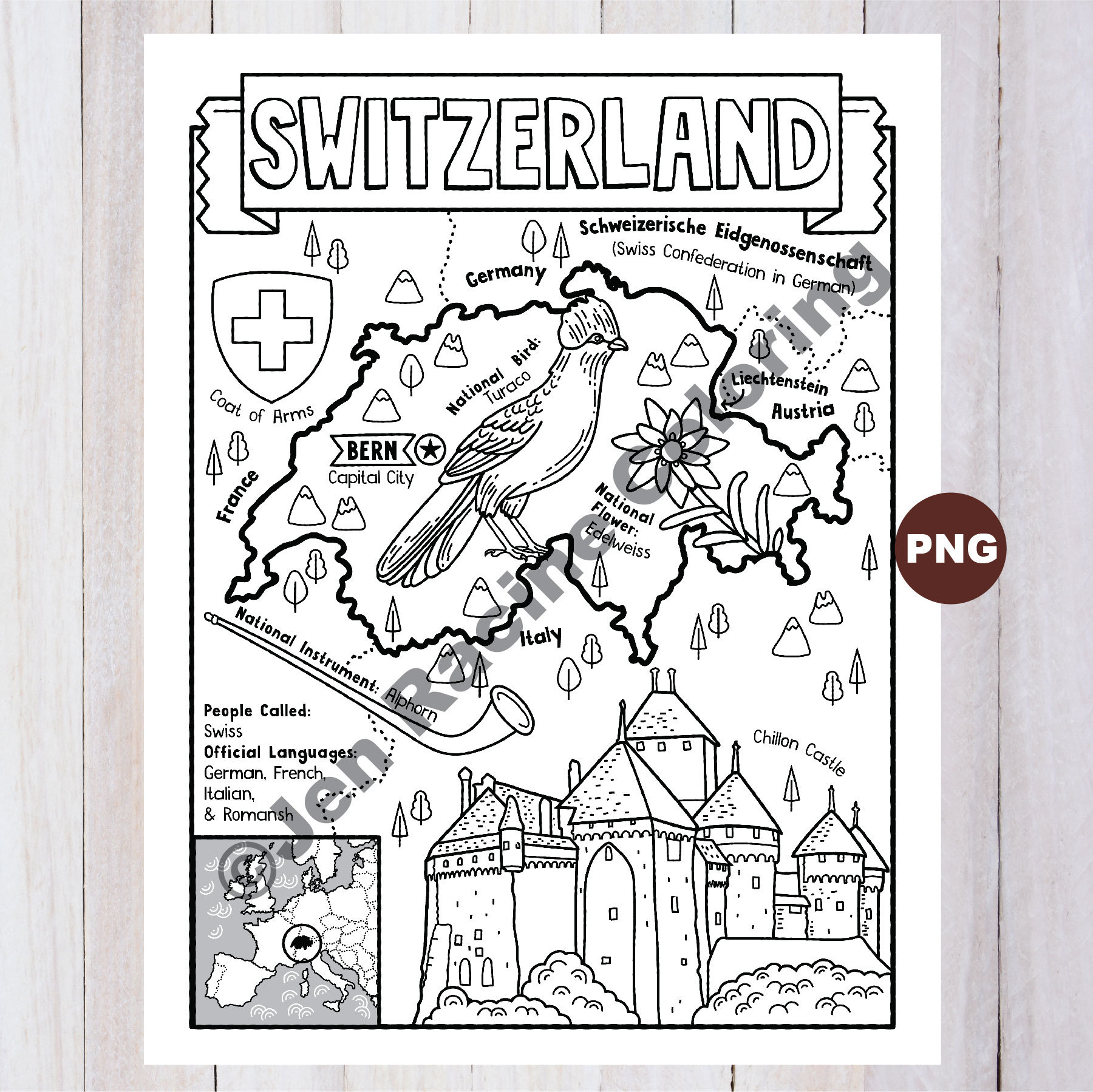 Switzerland Map Coloring Page, Swiss Symbols (digital Download) - Etsy