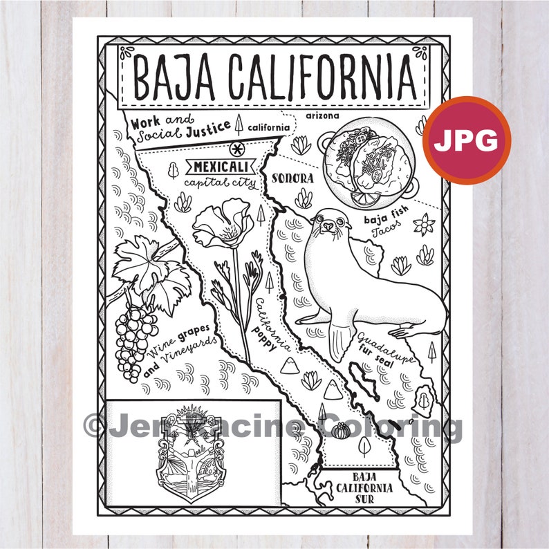 Baja California Coloring Page, Mexico State Map (JPG Download) - Etsy