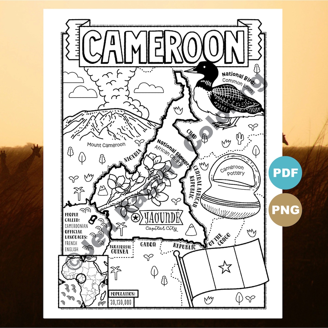 Cameroon Coloring Page, Geography of Africa, Digital Download Coloring ...