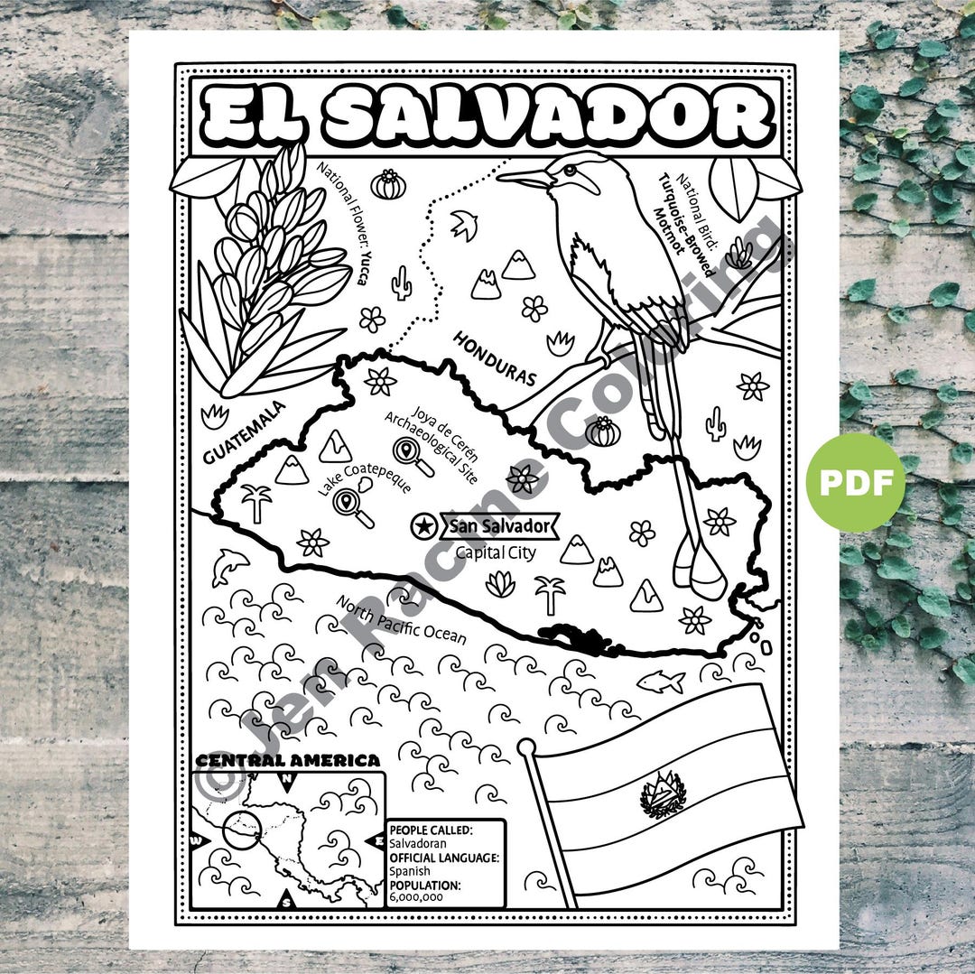 El Salvador Coloring Page, Geography of Central America, Digital ...
