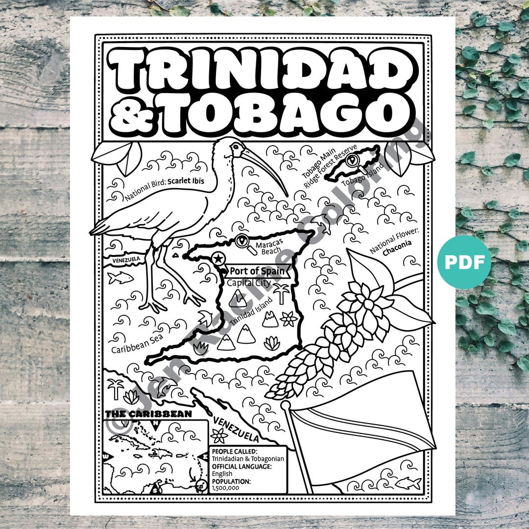 Trinidad & Tobago Map Coloring Page, Caribbean Geography (digital ...