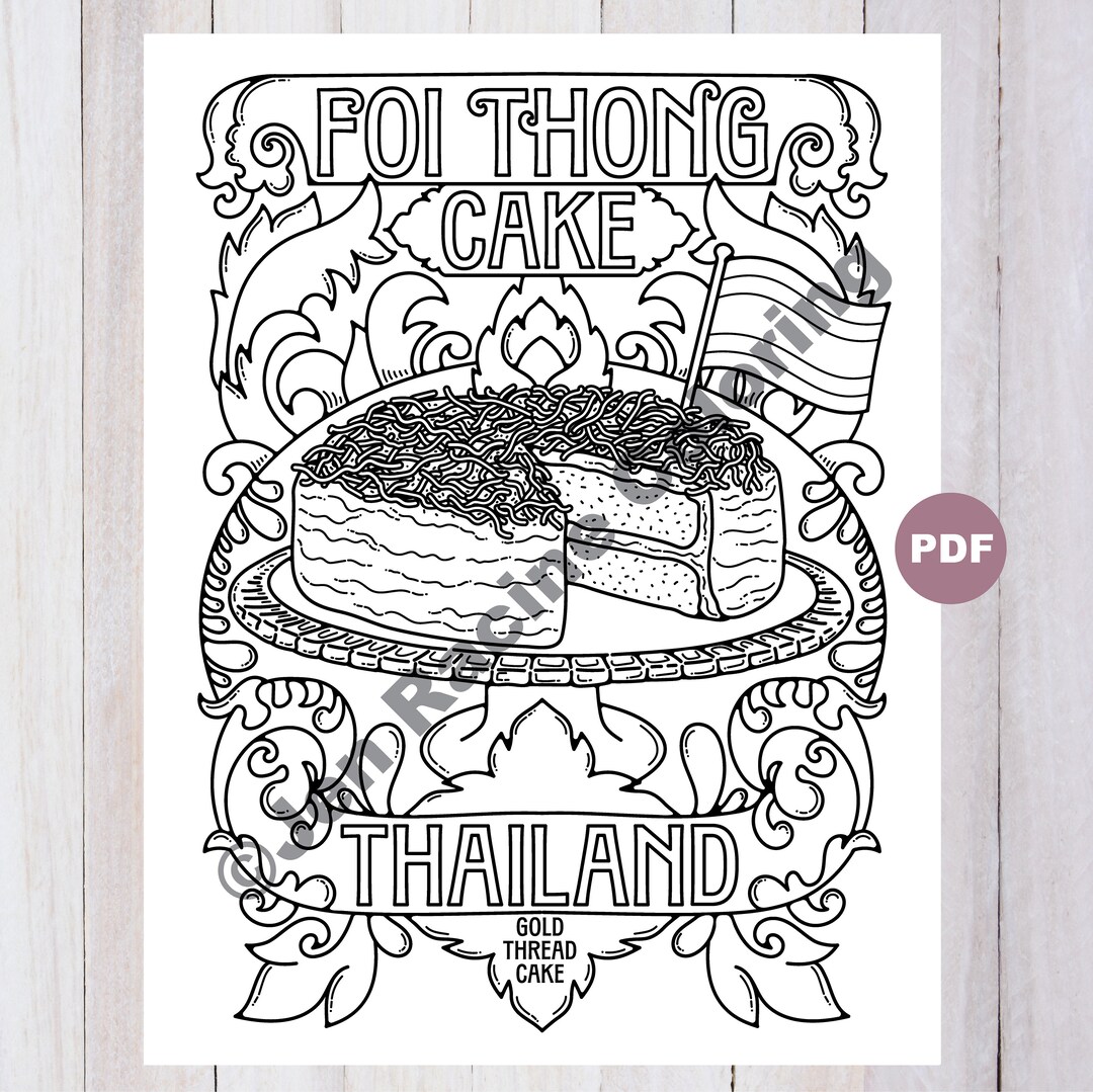 Foi Thong Cake Coloring Page, Thailand, A World of Cake, Digital ...