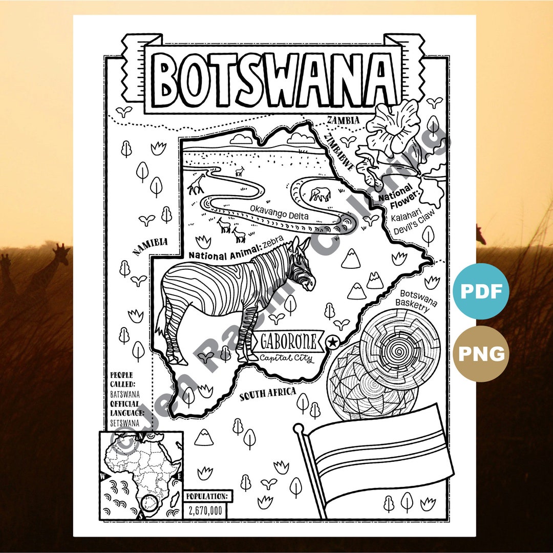 Botswana Coloring Page, Geography of Africa, Digital Download Coloring ...