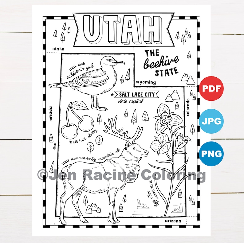 Utah State Map Coloring Page, Wildlife and Symbols (PDF Download) - Etsy