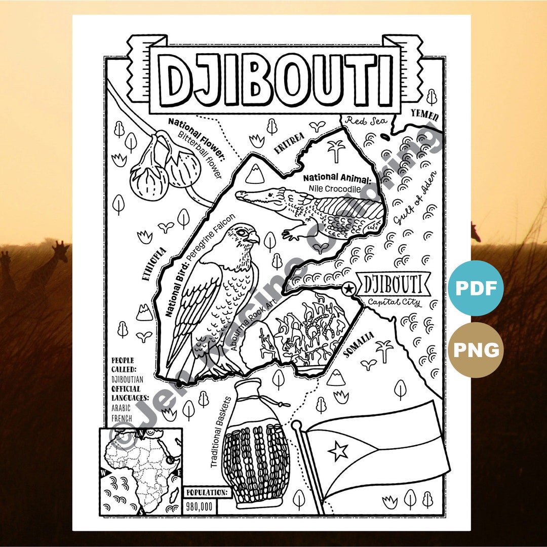 Djibouti Coloring Page, Geography of Africa, Digital Download Coloring ...