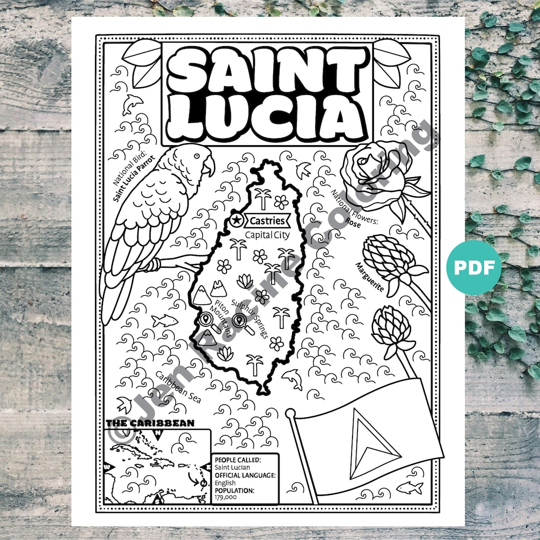 Saint Lucia Coloring Page, Geography of the Caribbean, Digital Download ...