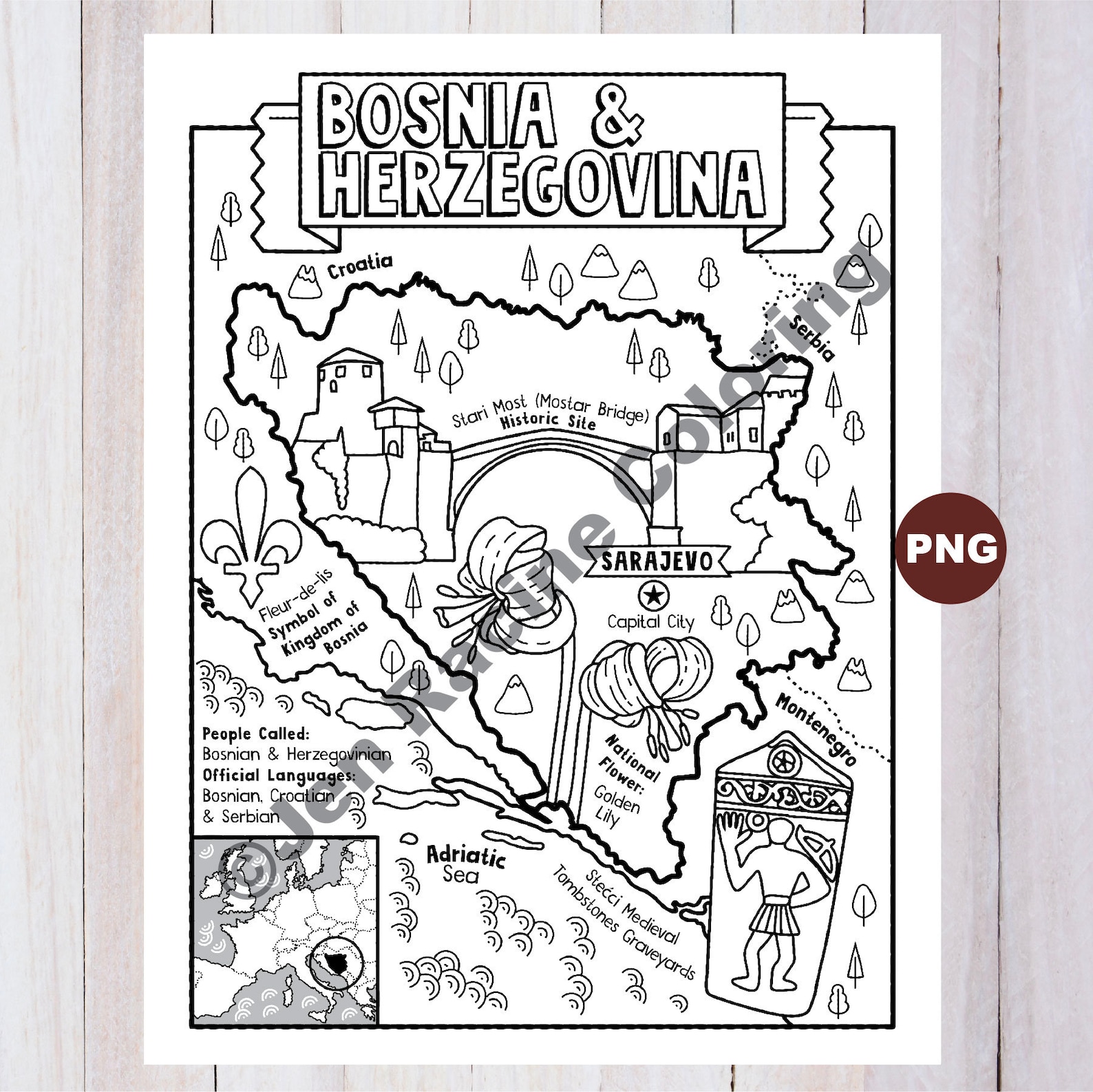 Bosnia & Herzegovina Map Coloring Page, Europe Geography (digital ...