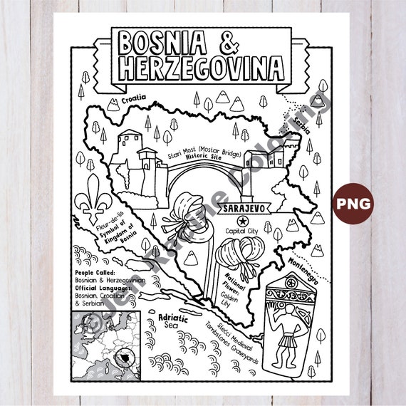Bosnia & Herzegovina Coloring Page Geography of Europe - Etsy