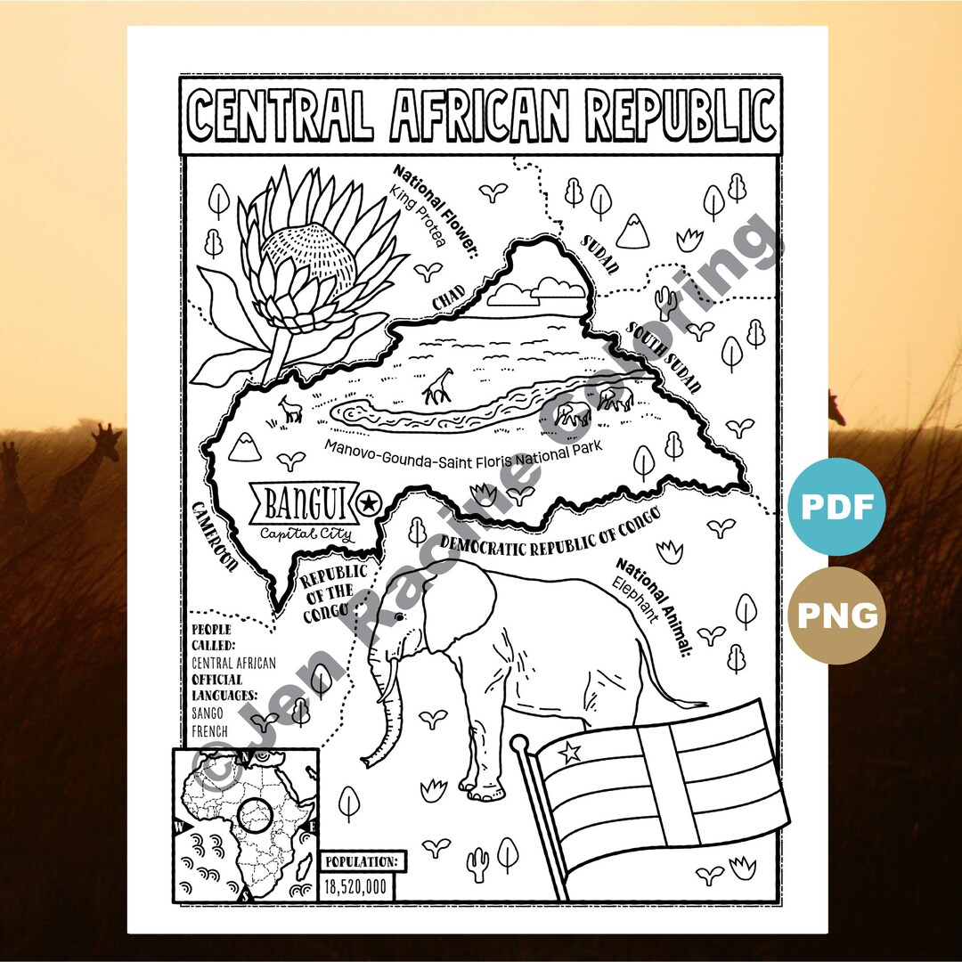 Central African Republic Coloring Page, Geography of Africa, Digital ...