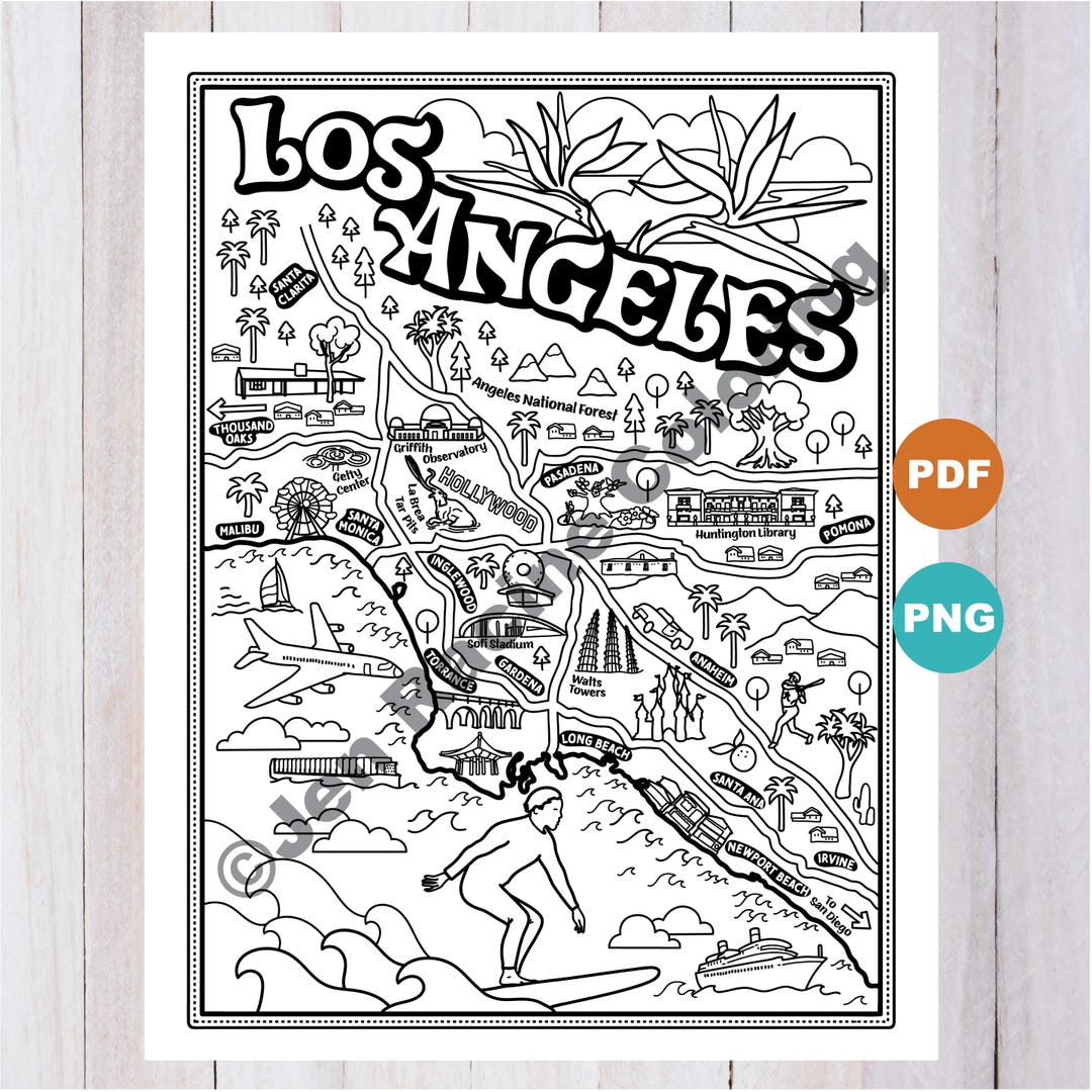 Los Angeles Illustrated Map, California Coloring Page, Digital Download ...