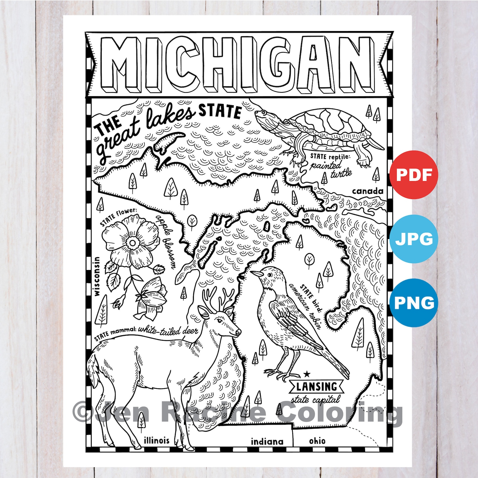 Michigan State Map Coloring Page, Wildlife, Symbols (PDF Download) - Etsy