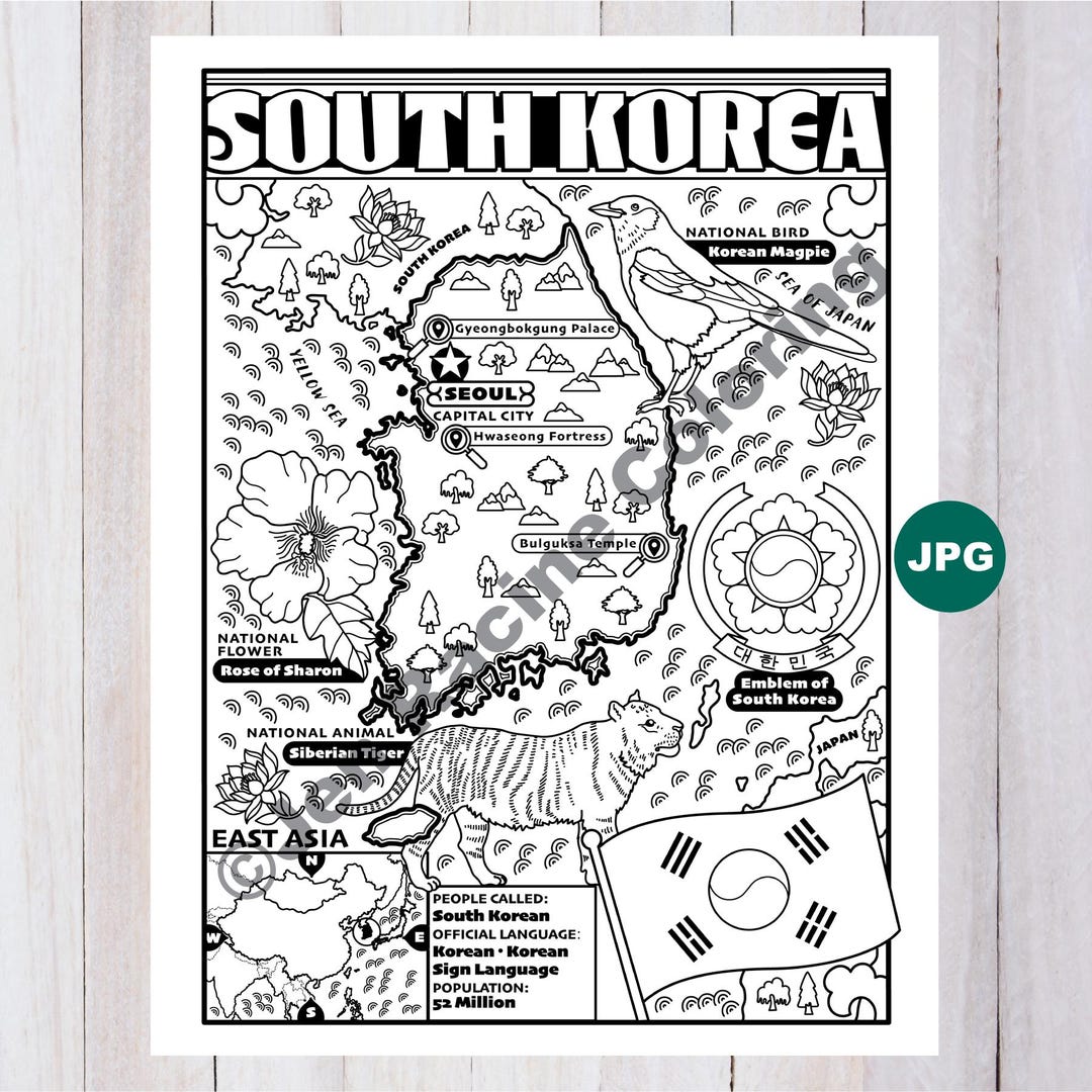 South Korea Coloring Page, Geography of East Asia, Digital Download ...