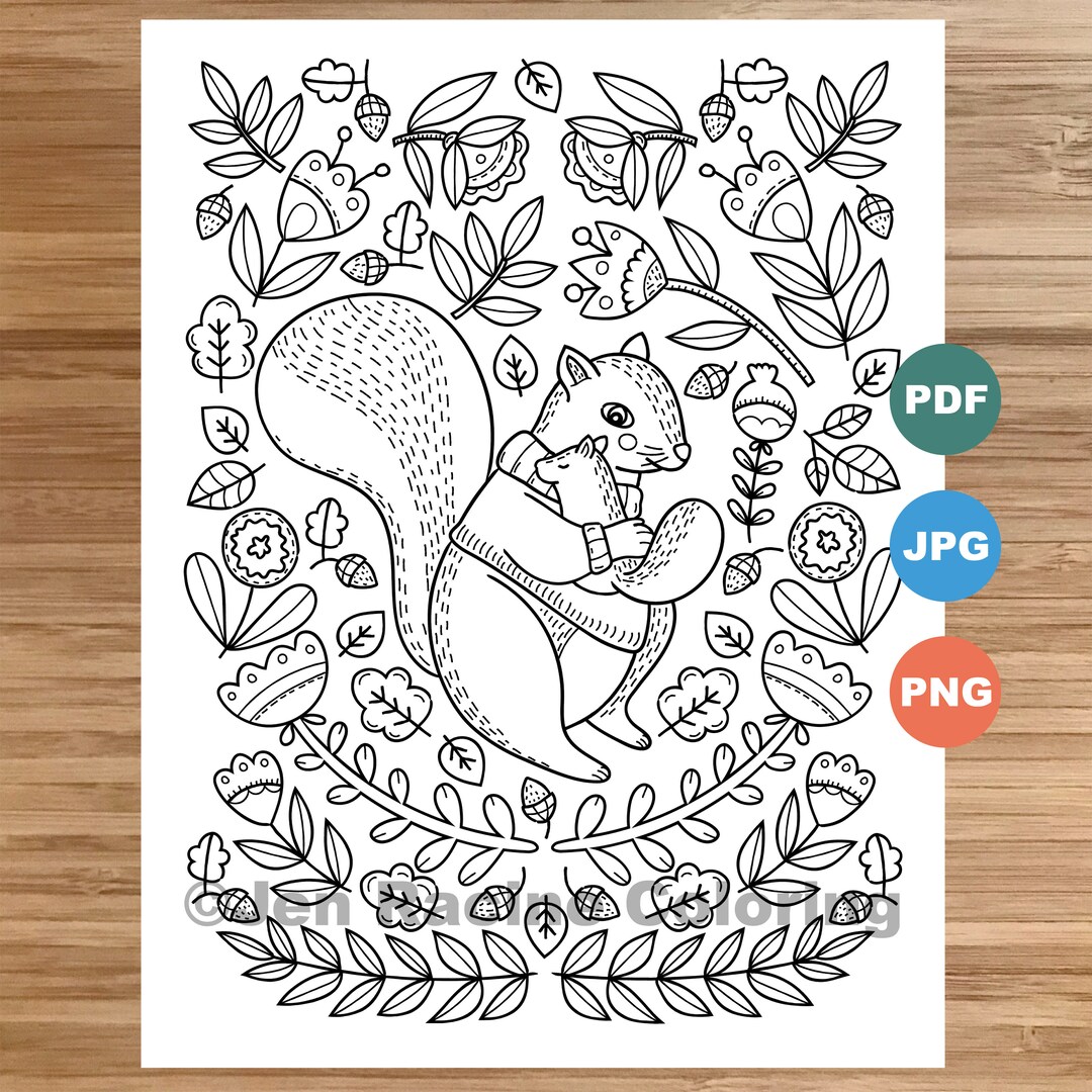 Woodland Wonder Coloring Page, Squirrel Family, Floral, Scandinavian ...