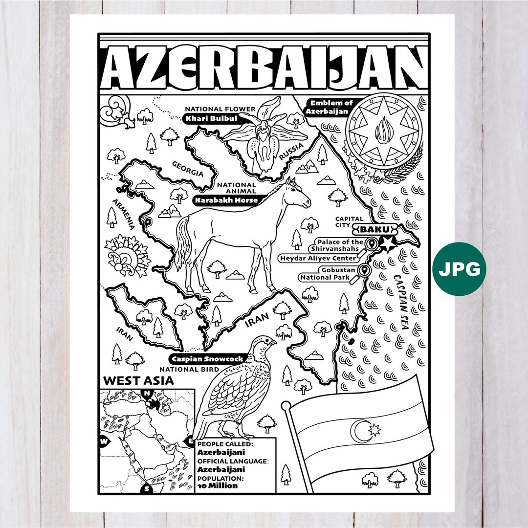 Azerbaijan Map Coloring Page, Asia Geography (digital Download) - Etsy