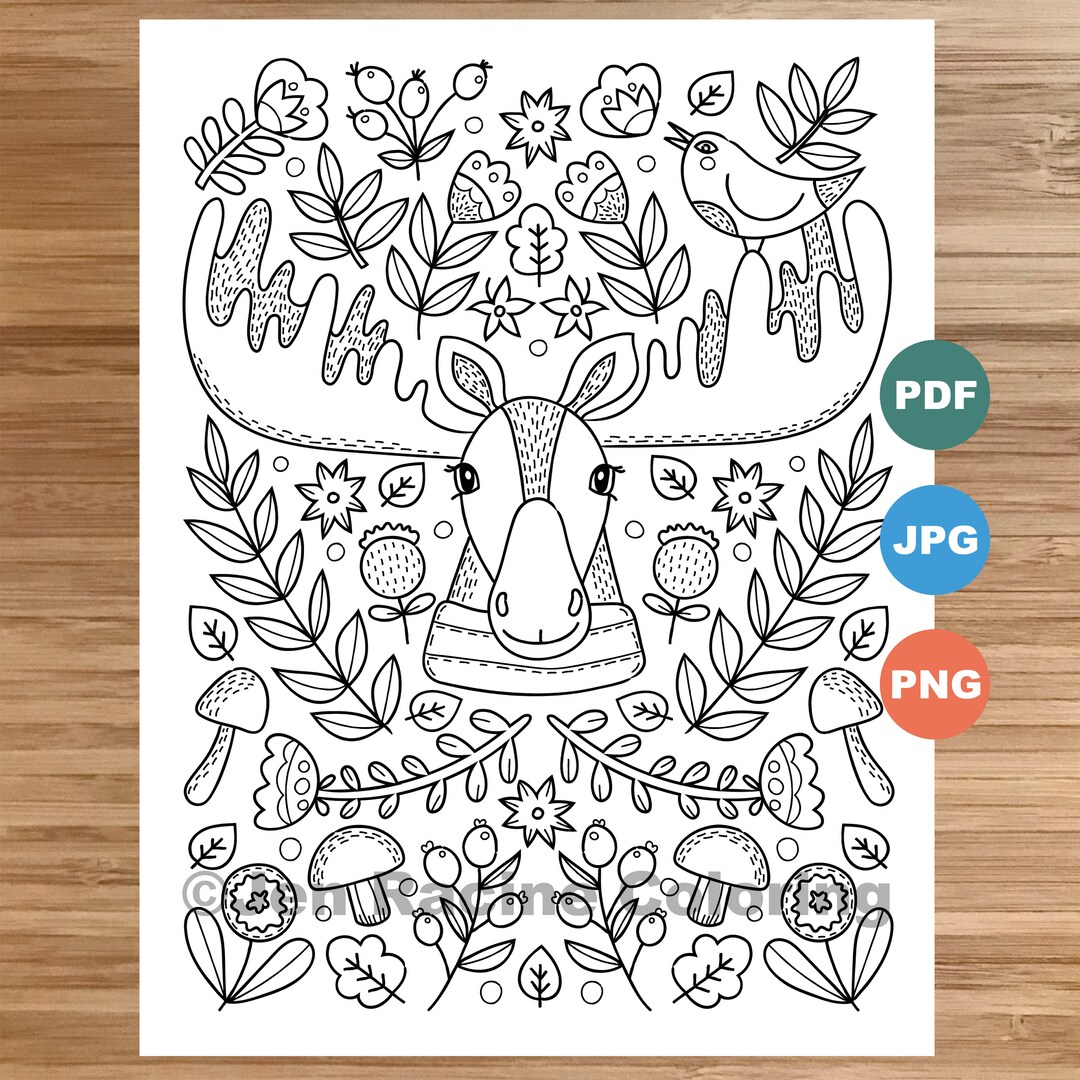 Woodland Wonder Coloring Page, Moose, Floral, Scandinavian, Forest ...