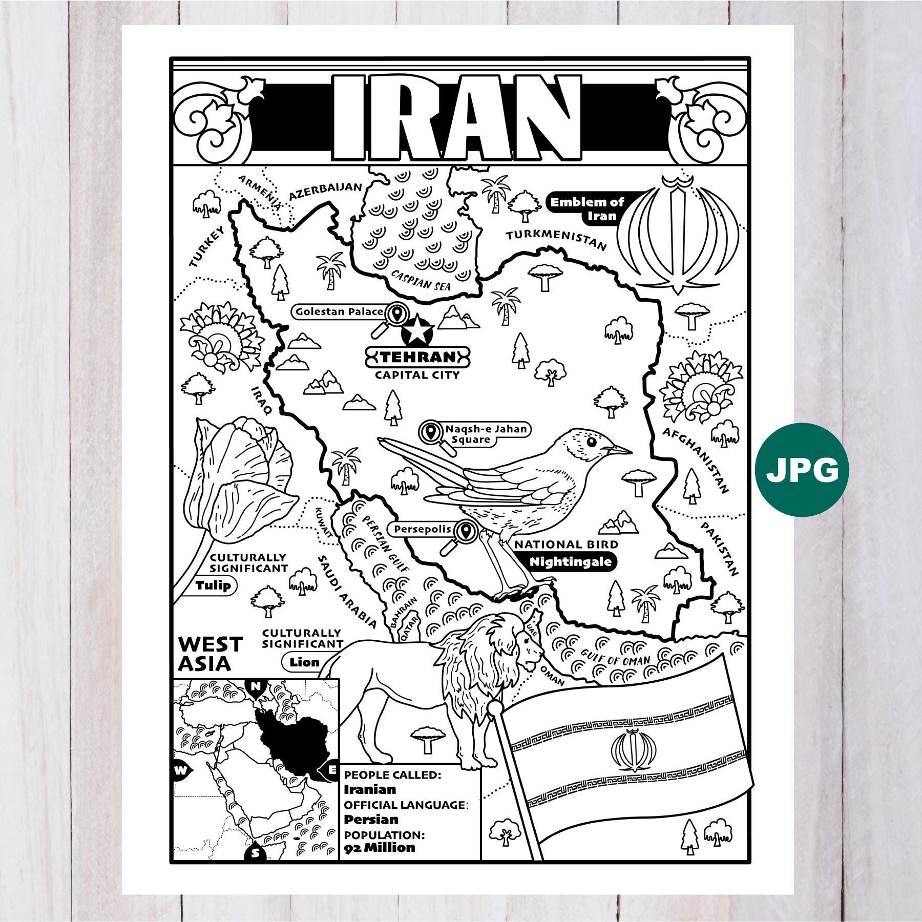 Iran Map Coloring Page, Asia Geography (digital Download) - Etsy