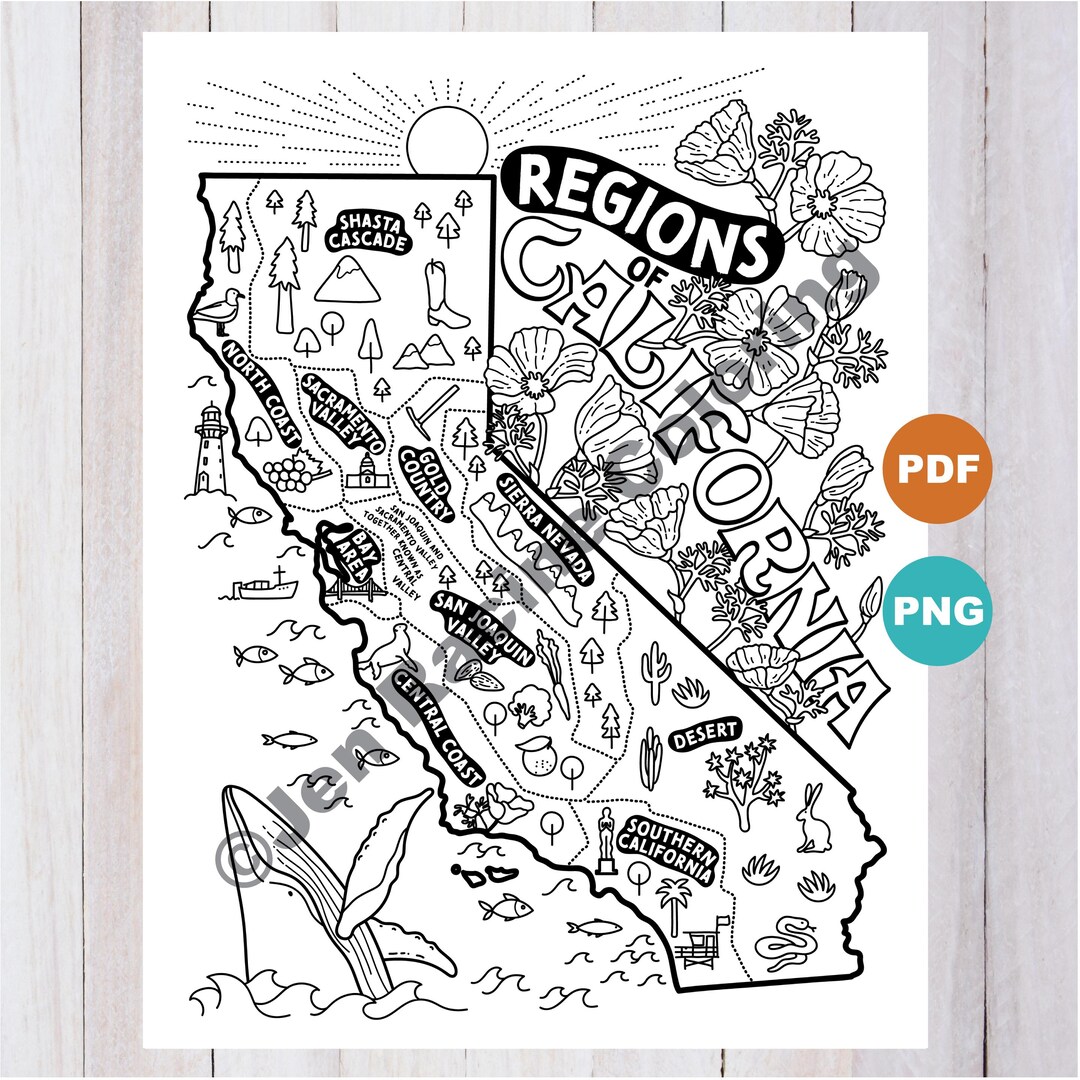 Regions of California Map, California Coloring Page, Digital Download ...