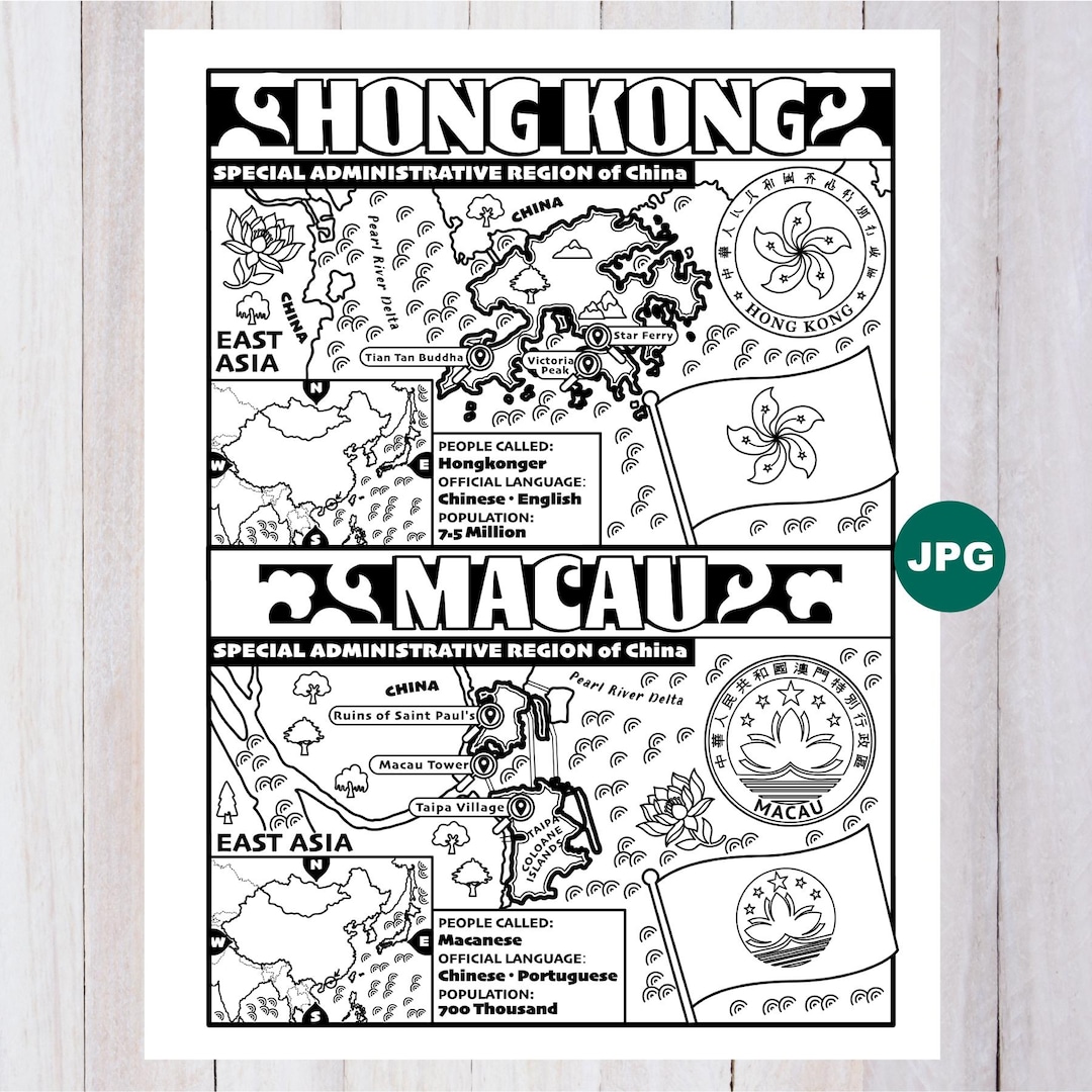 Hong Kong & Macau Coloring Page, Geography of East Asia, Digital ...
